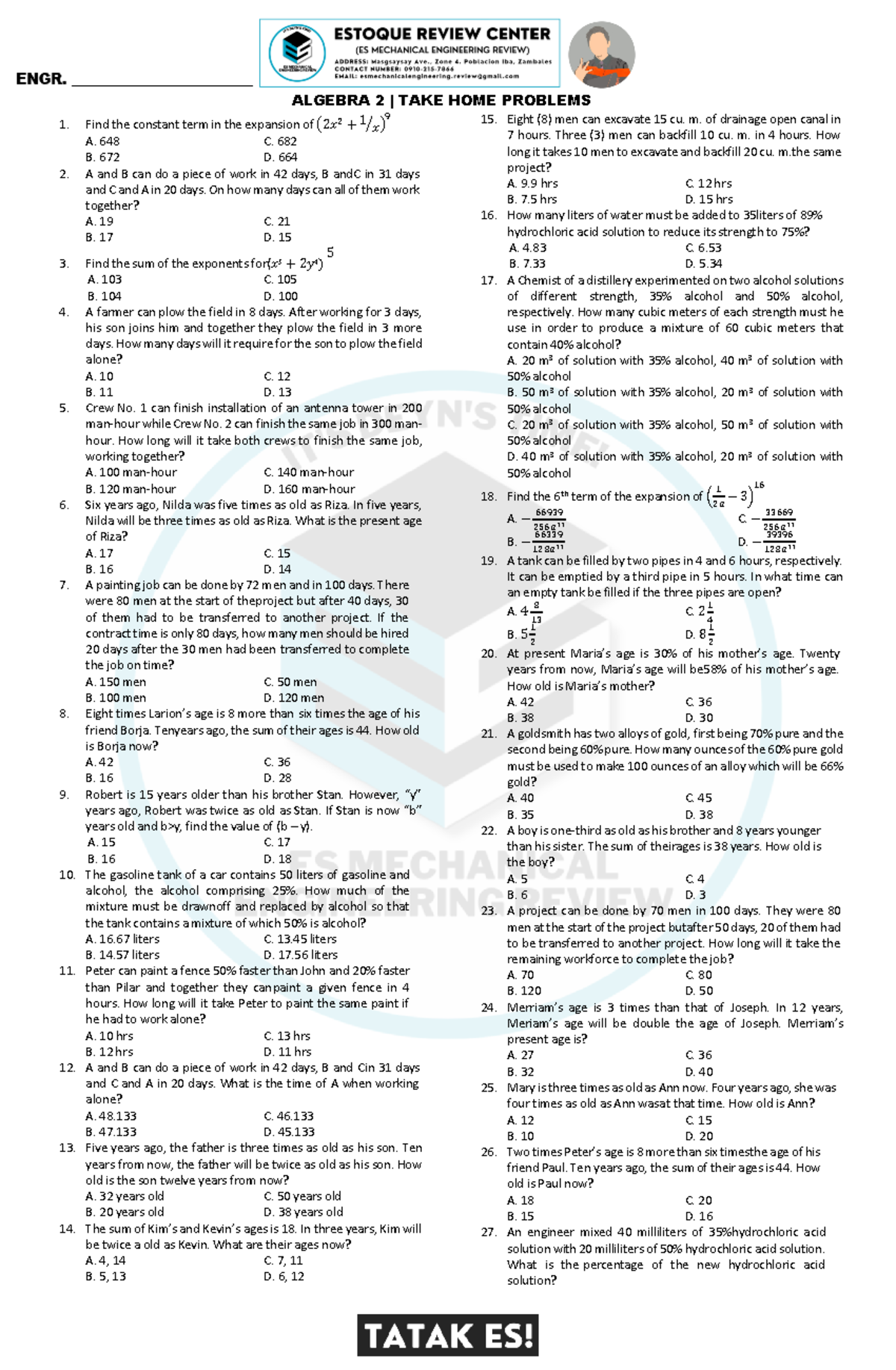 Algebra 2 l TAKE HOME Problems - Find the constant term in the ...