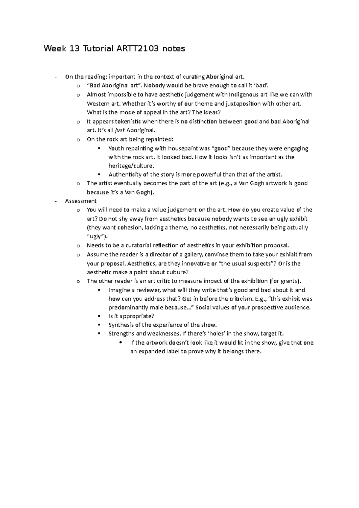 Week 13 Tutorial ARTT2103 notes - Week 13 Tutorial ARTT2103 notes On ...