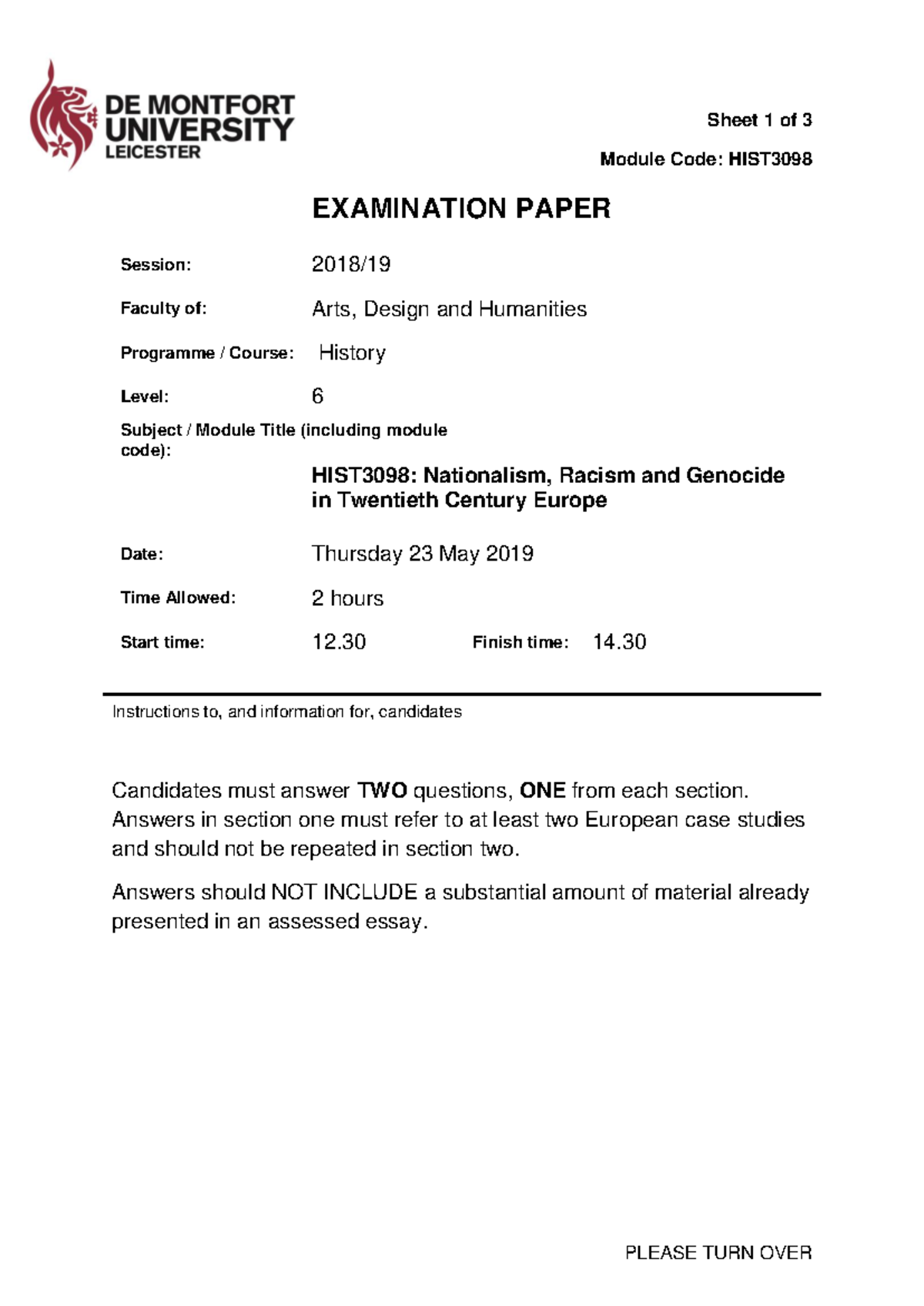 HIST3098 2019 Exam - Sheet 1 of 3 Module Code: HIST PLEASE TURN OVER ...