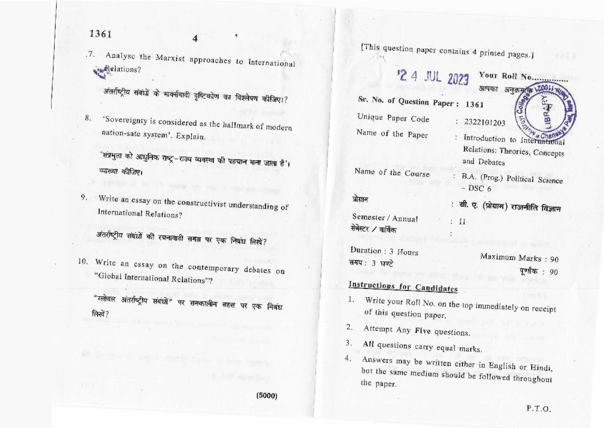 PYQ IIR - international relations - Studocu