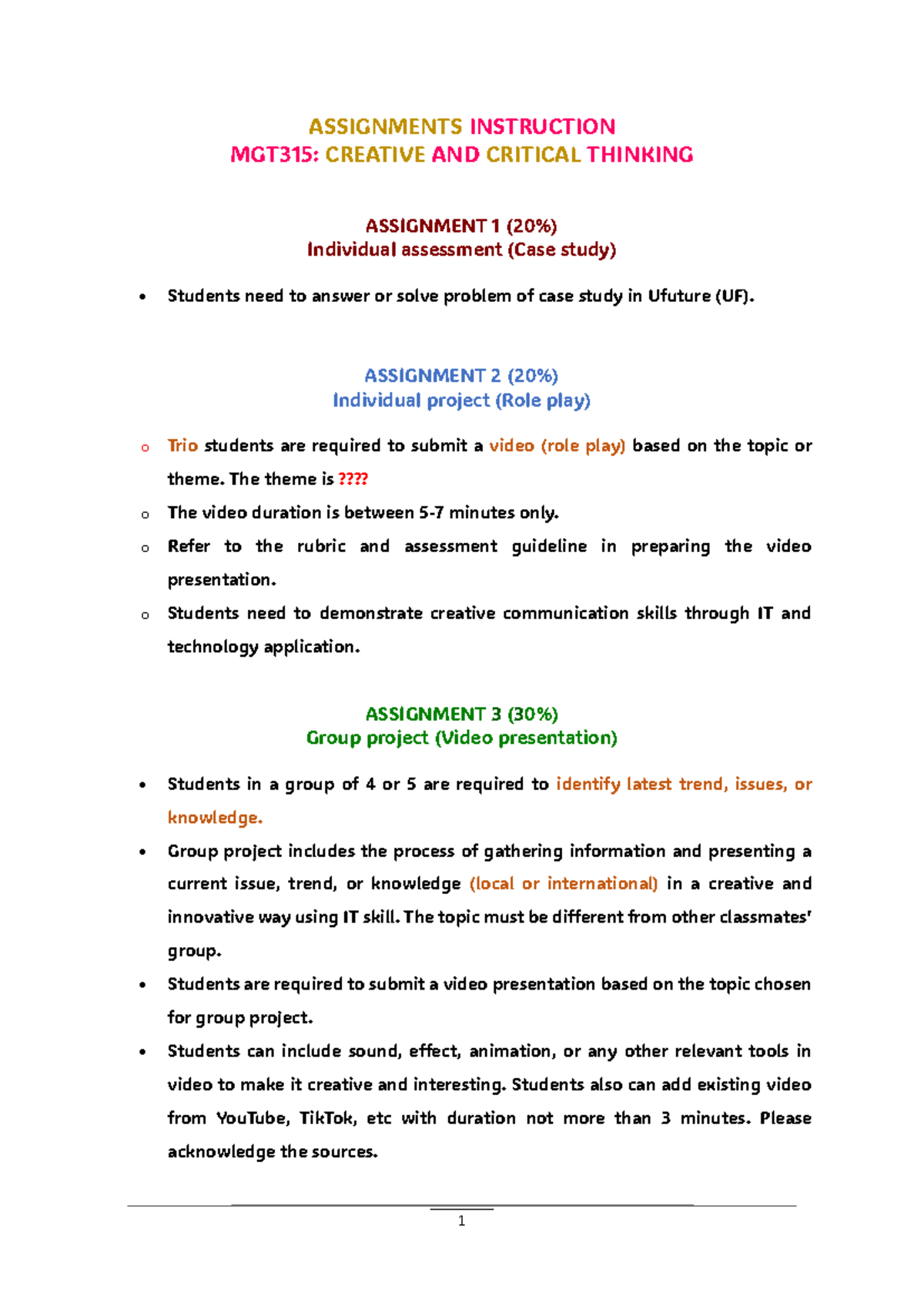 Assignments Instruction for student - 1 ASSIGNMENTS INSTRUCTION MGT315: CREATIVE AND CRITICAL ...
