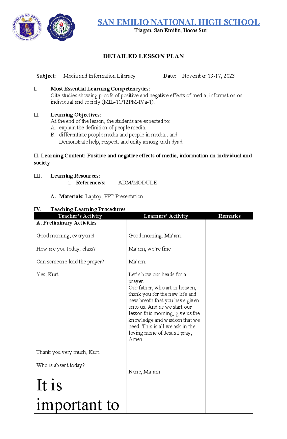 HABON Lesson Plan 4 - SAN EMILIO NATIONAL HIGH SCHOOL Tiagan, San Emilio, Ilocos Sur DETAILED ...