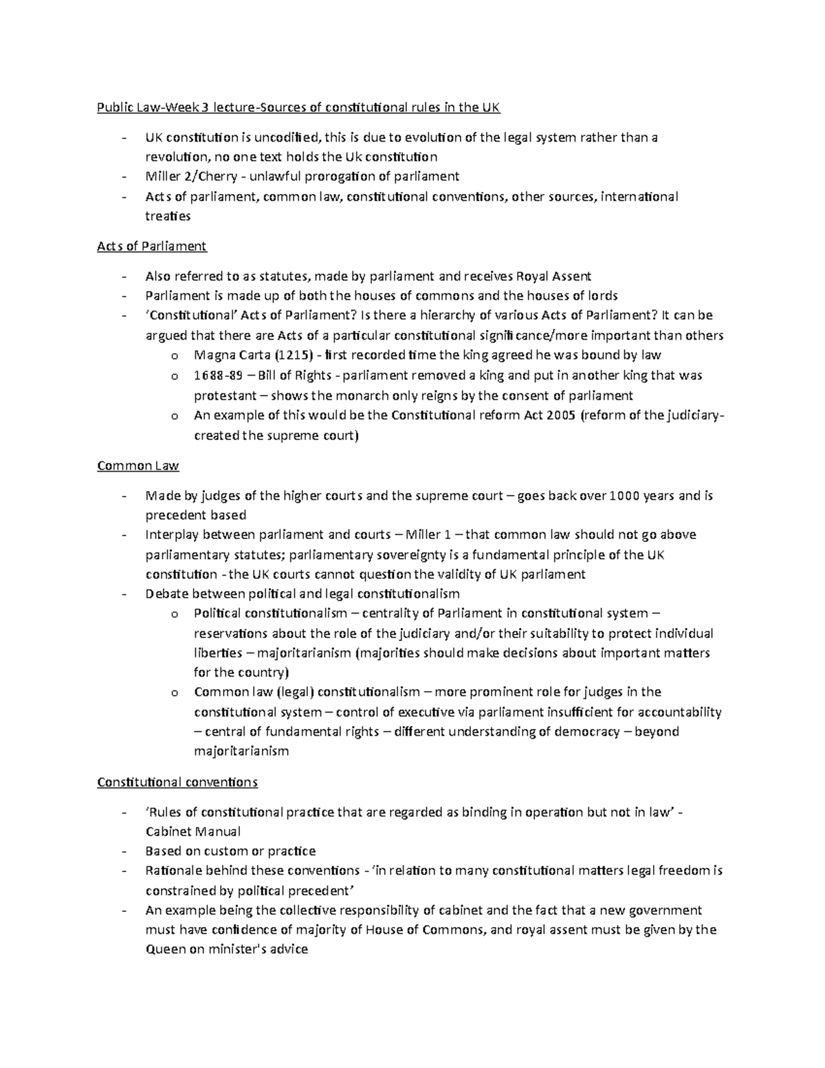 PL - Week 3 Sources of UK uncodified constitution - Public Law-Week 3 ...