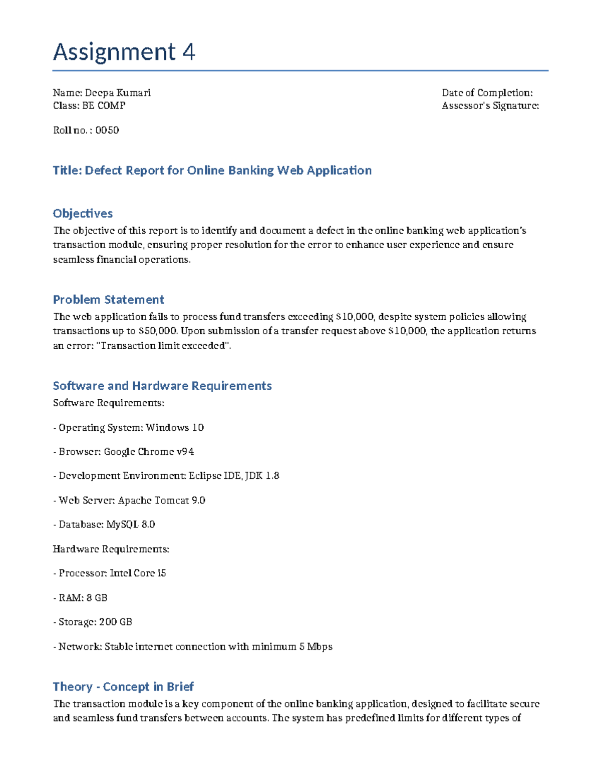 Assi4 stqa Defect Report Online Banking Web Application - Assignment 4 Name: Deepa Kumari Date ...