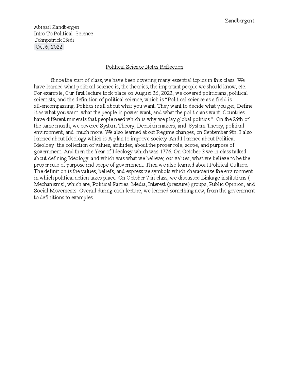 Political Science Notes Reflection - Zandbergen Abigail Zandbergen ...