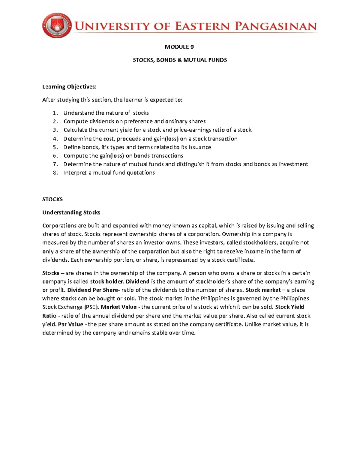 Module 9 Stocks Bonds Mutual funds - MODULE 9 STOCKS, BONDS & MUTUAL ...