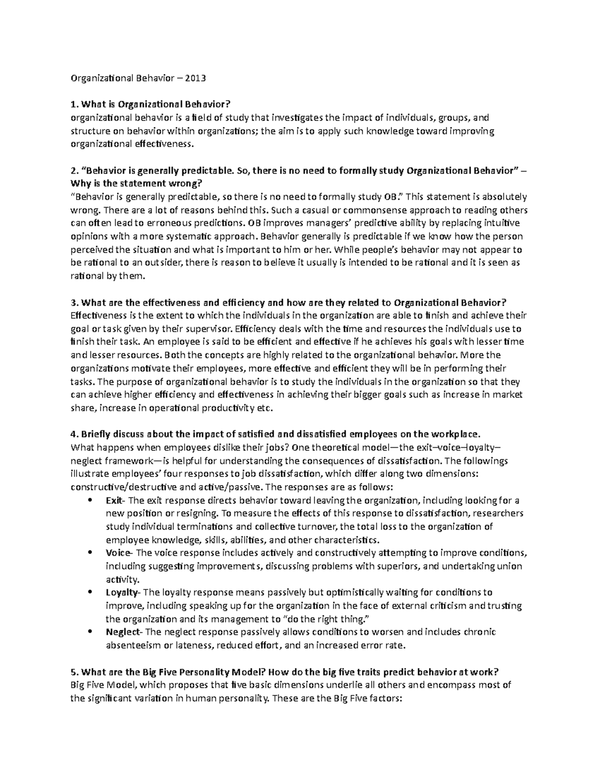 Organizational Behavior Year Question 2013 - Studocu