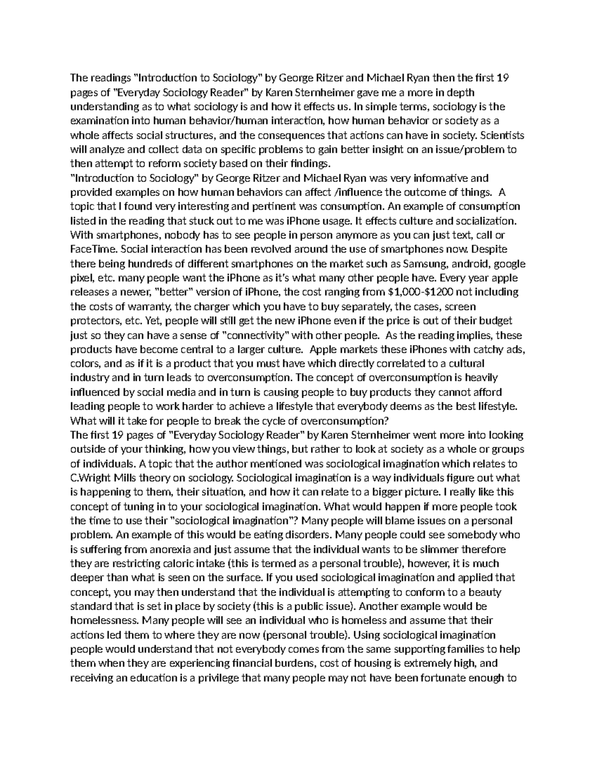 Sociology DIscussion 1 - The readings "Introduction to Sociology" by ...