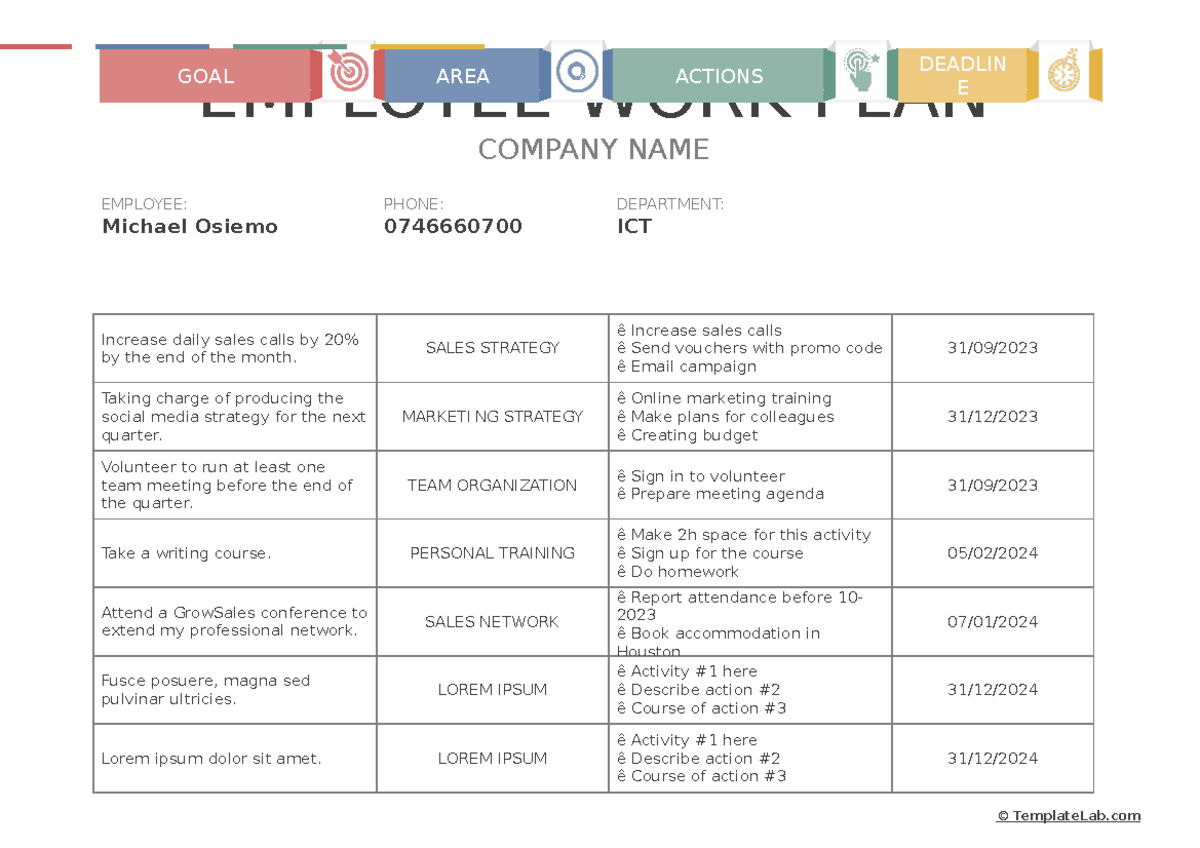 My work plan - work plan sample - EMPLOYEE WORK PLAN COMPANY NAME ...