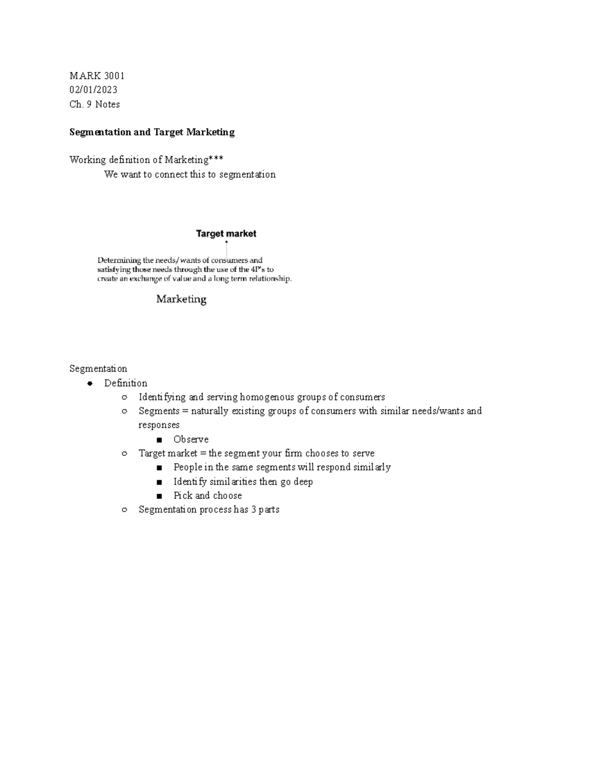 MARK Ch. 9 Notes - MARK 3001 02/01/2023Ch. 9 Notes Segmentation and ...