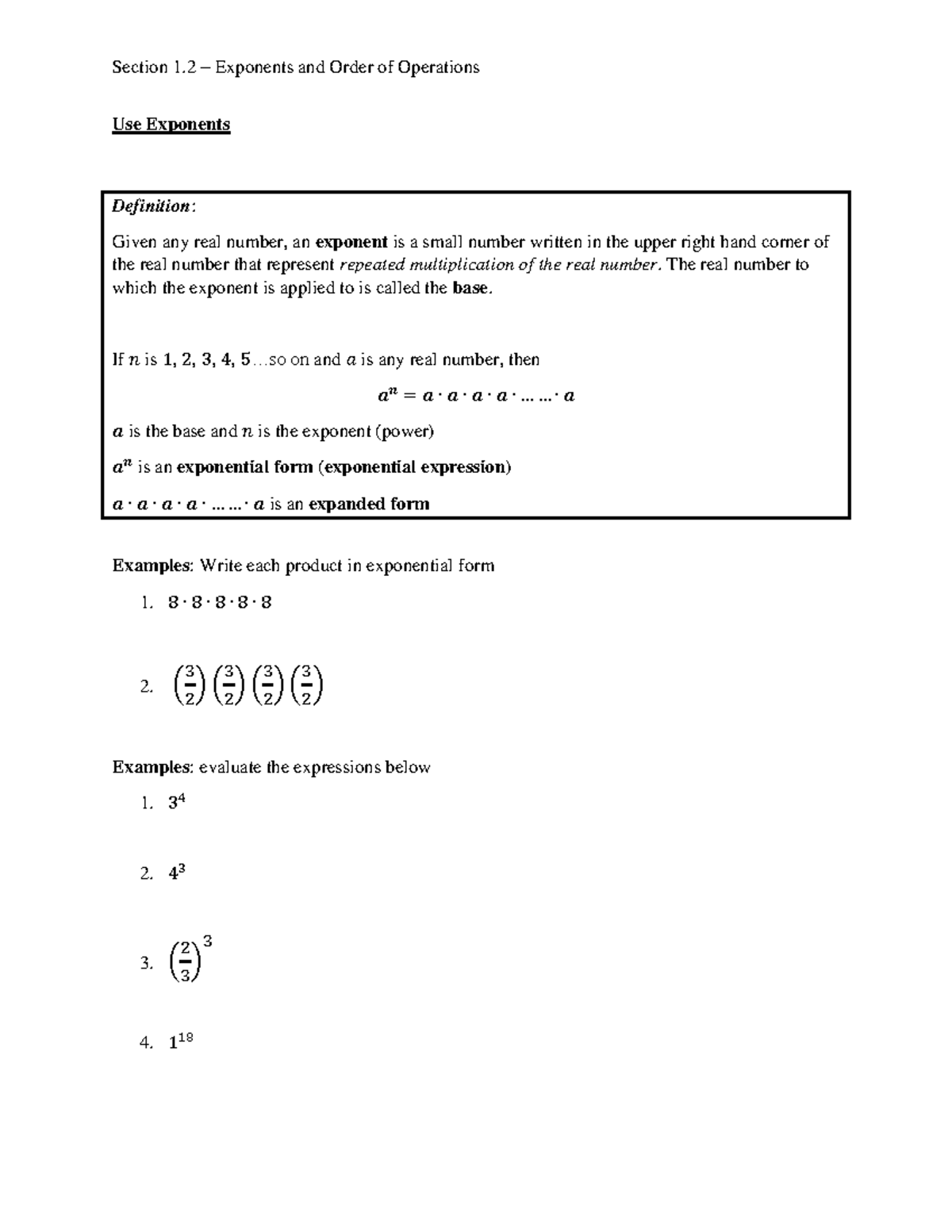 Section 1.2 - Exponents and Order of Operations - Section 1 – Exponents ...