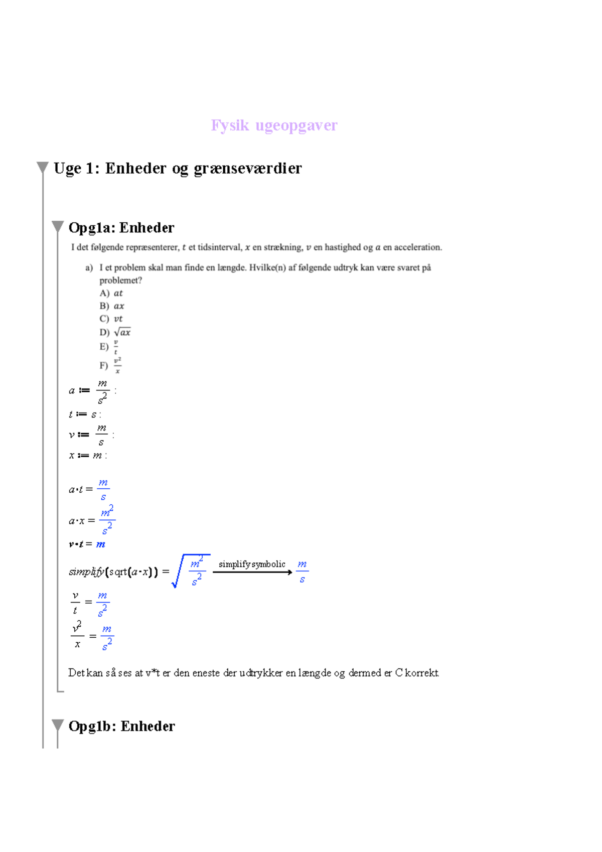 Ugeopgaver - Fysik 1 - DTU - Studocu