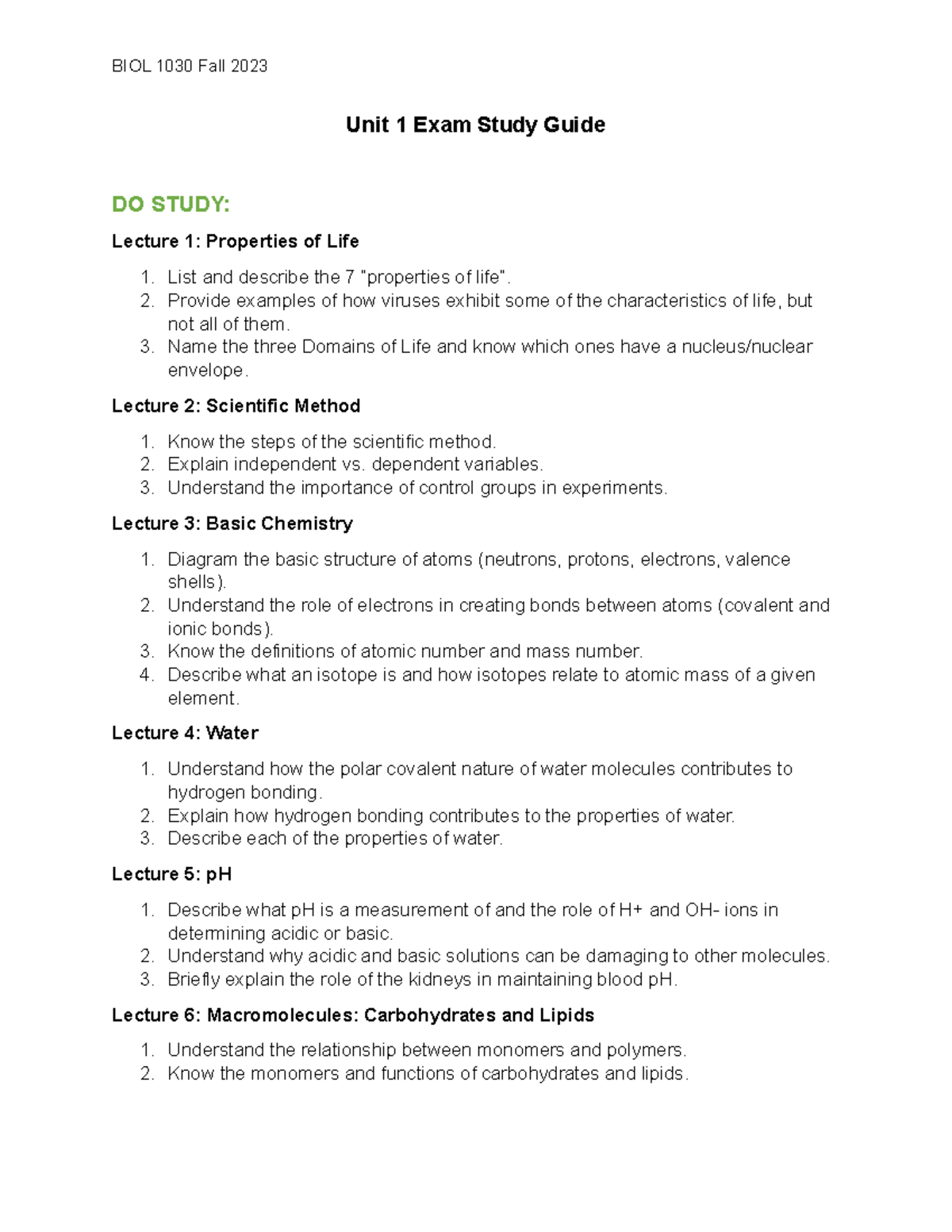 Unit 1 Exam Study Guide-1 - BIOL 1030 Fall 2023 Unit 1 Exam Study Guide ...