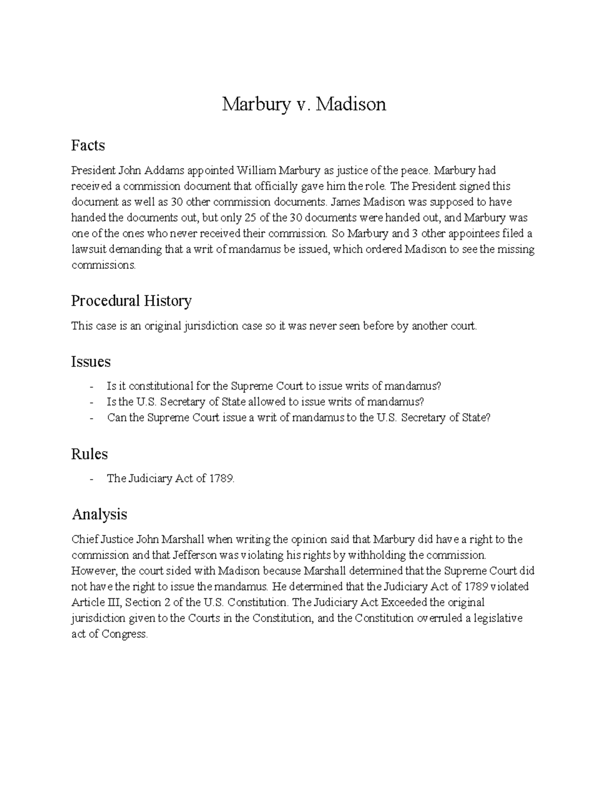 Marbury v. Madison Brief - Marbury v. Madison Facts President John ...