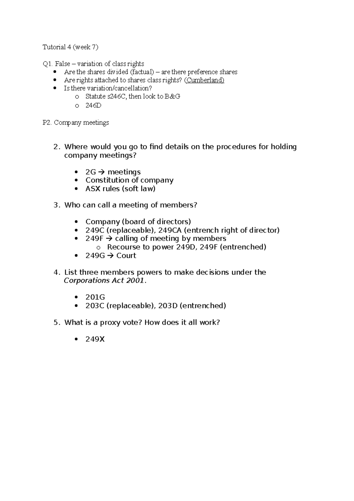 Tutorial 4 - notes - Tutorial 4 (week 7) Q1. False – variation of class ...