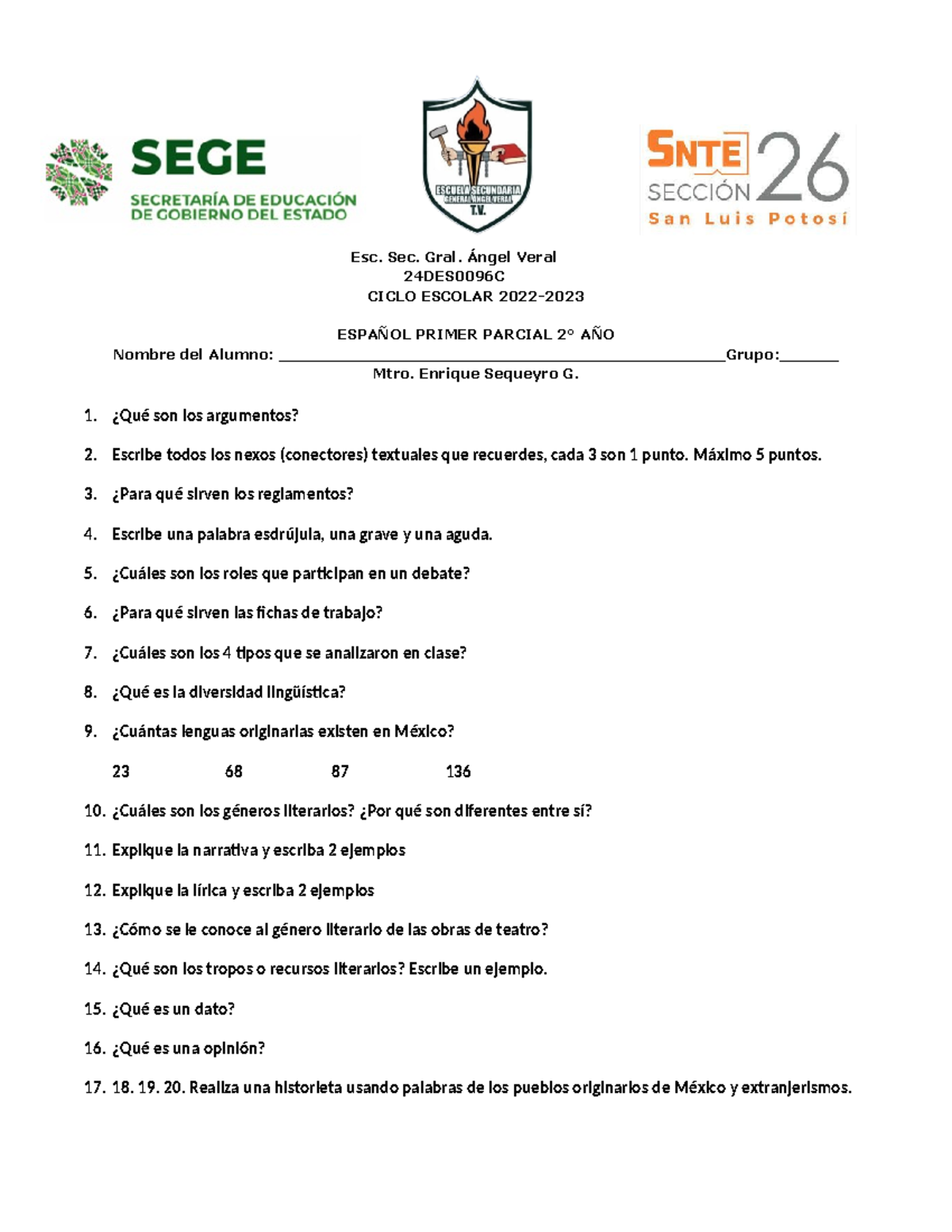 1er Parcial Español 2do Angel Veral - Esc. Sec. Gral. Ángel Veral ...