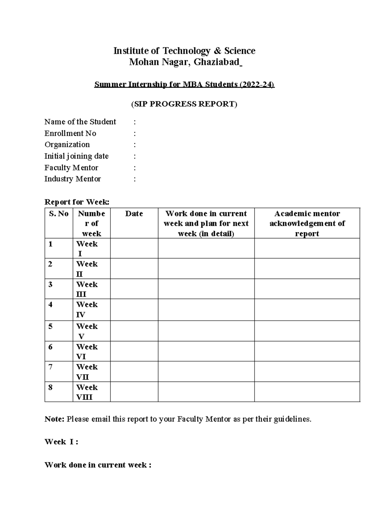 SIP Weekly Progress Report (2022-24) - Institute of Technology & Science Mohan Nagar, Ghaziabad ...
