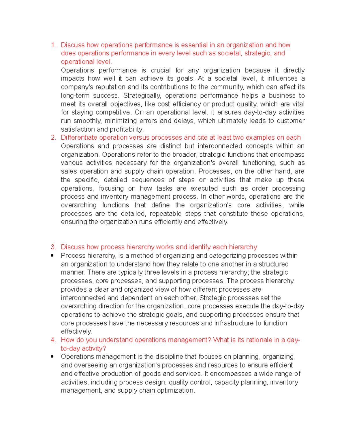 Operation management - Discuss how operations performance is essential ...