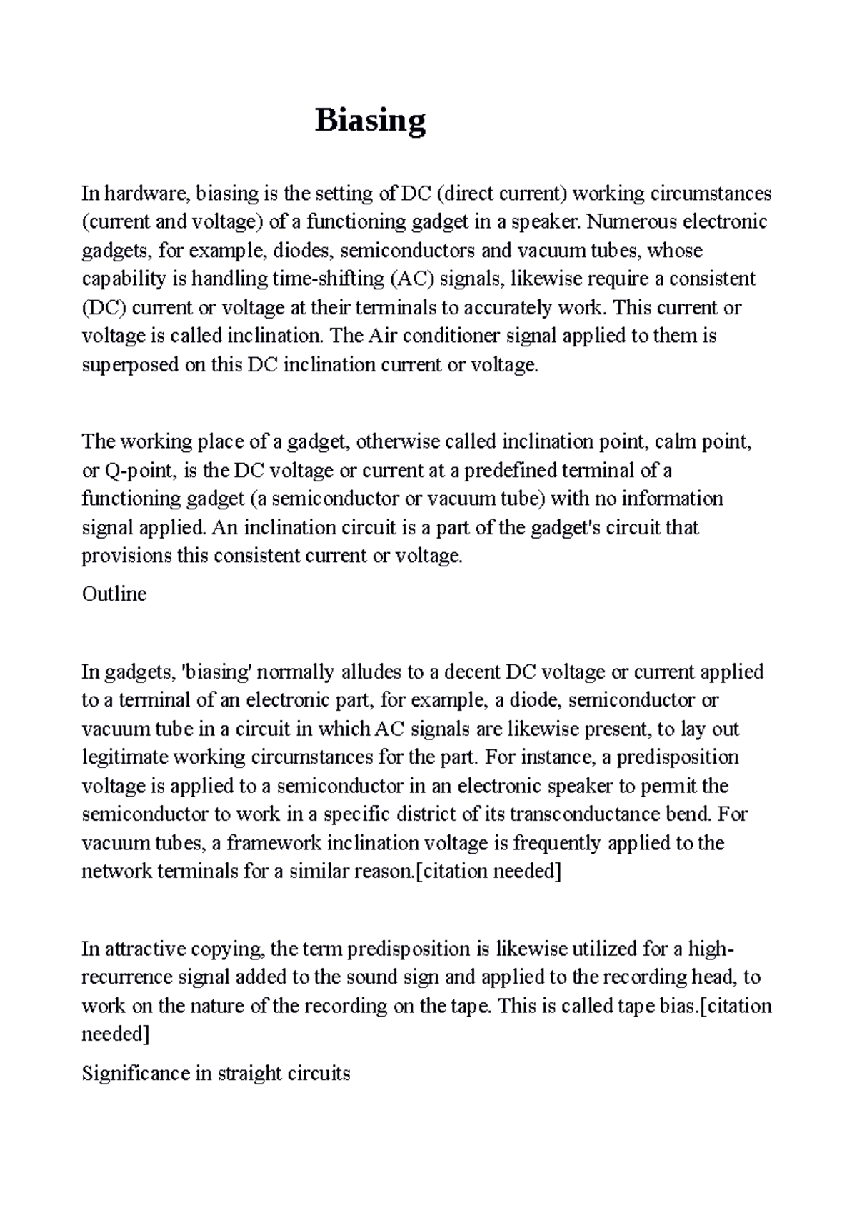 Biasing - shafina - Biasing In hardware, biasing is the setting of DC ...