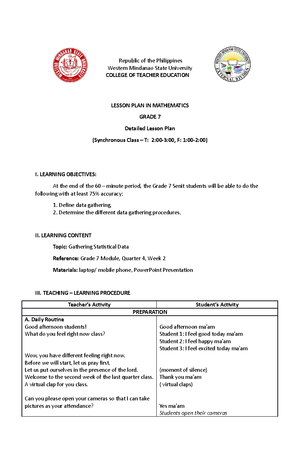 LP 4 - This lesson plan is about organizing data in a frequency ...