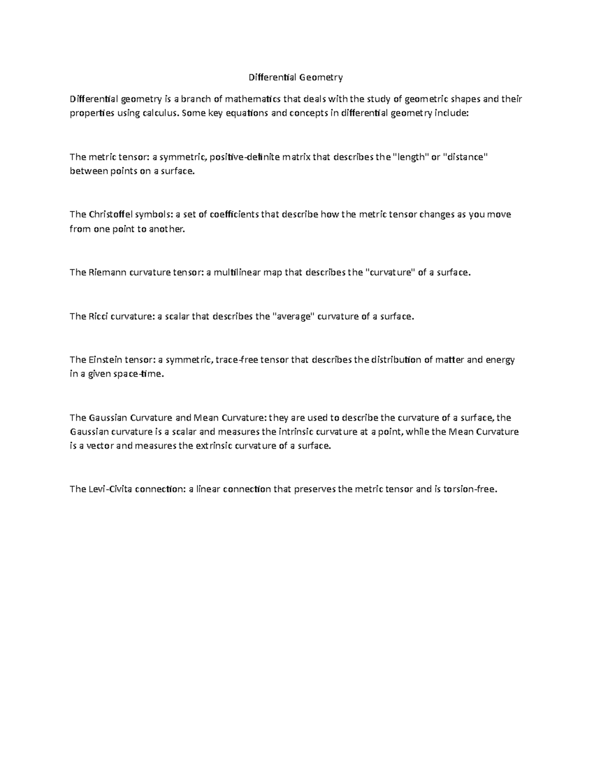 Differential Geometry - Some key equations and concepts in differential ...