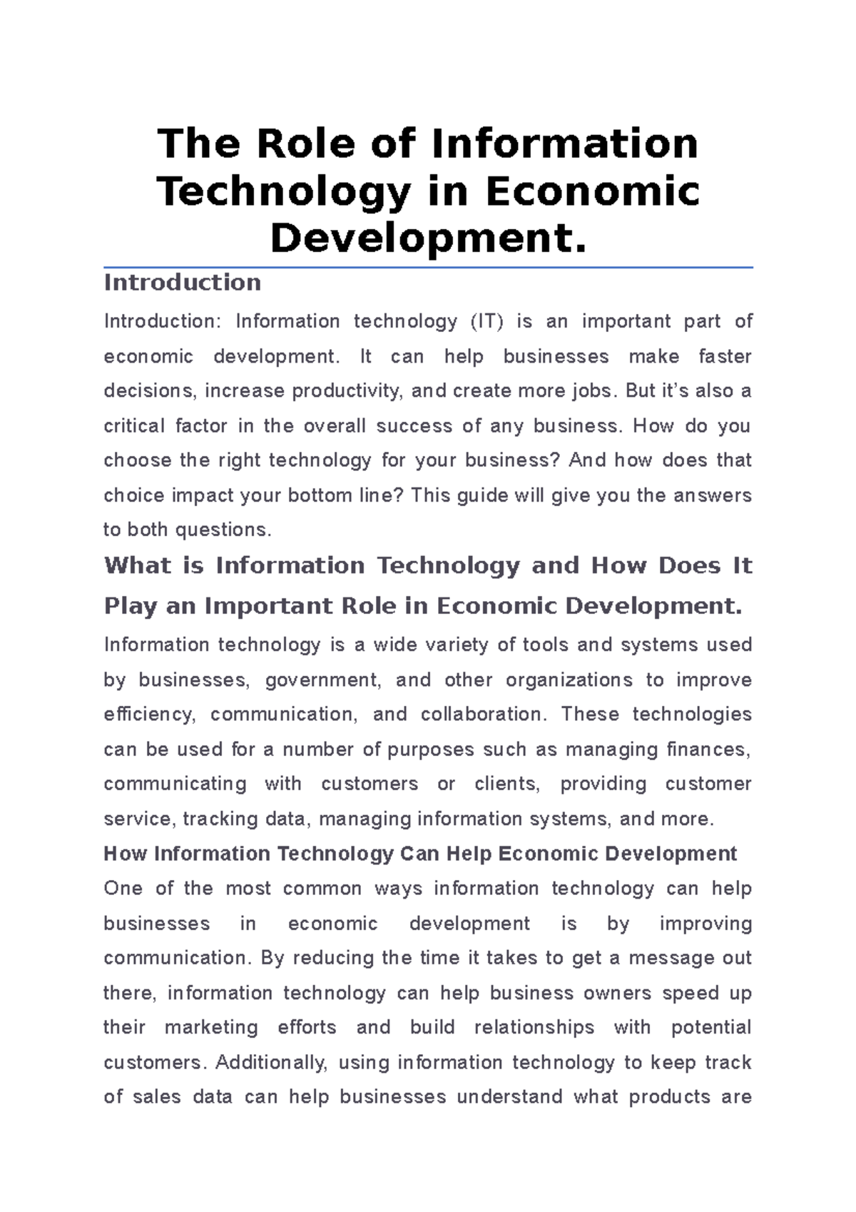 The Role of Information Technology in Economic Development ...
