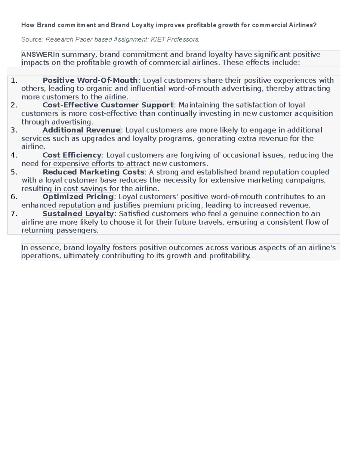 Assignment - ANSWERIn summary, brand commitment and brand loyalty have ...