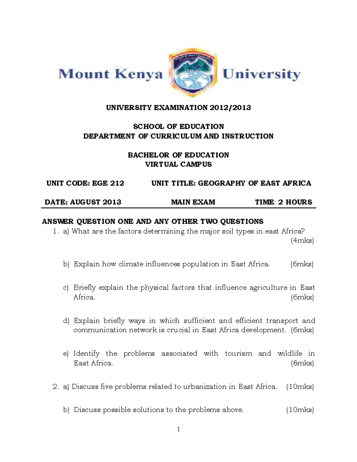 EGE 212 Geography OF EAST Africa MAIN - 1 UNIVERSITY EXAMINATION 2012 ...