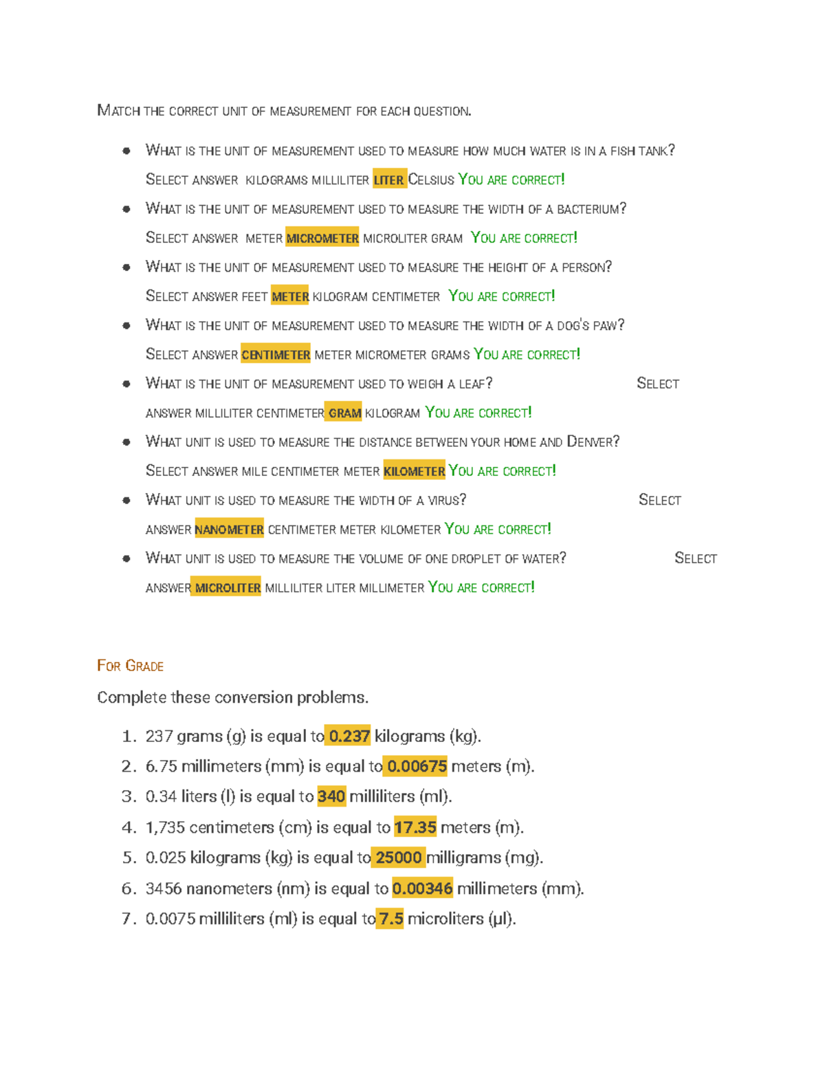 Module 1 Interactive Lab - MATCH THE CORRECT UNIT OF MEASUREMENT FOR ...