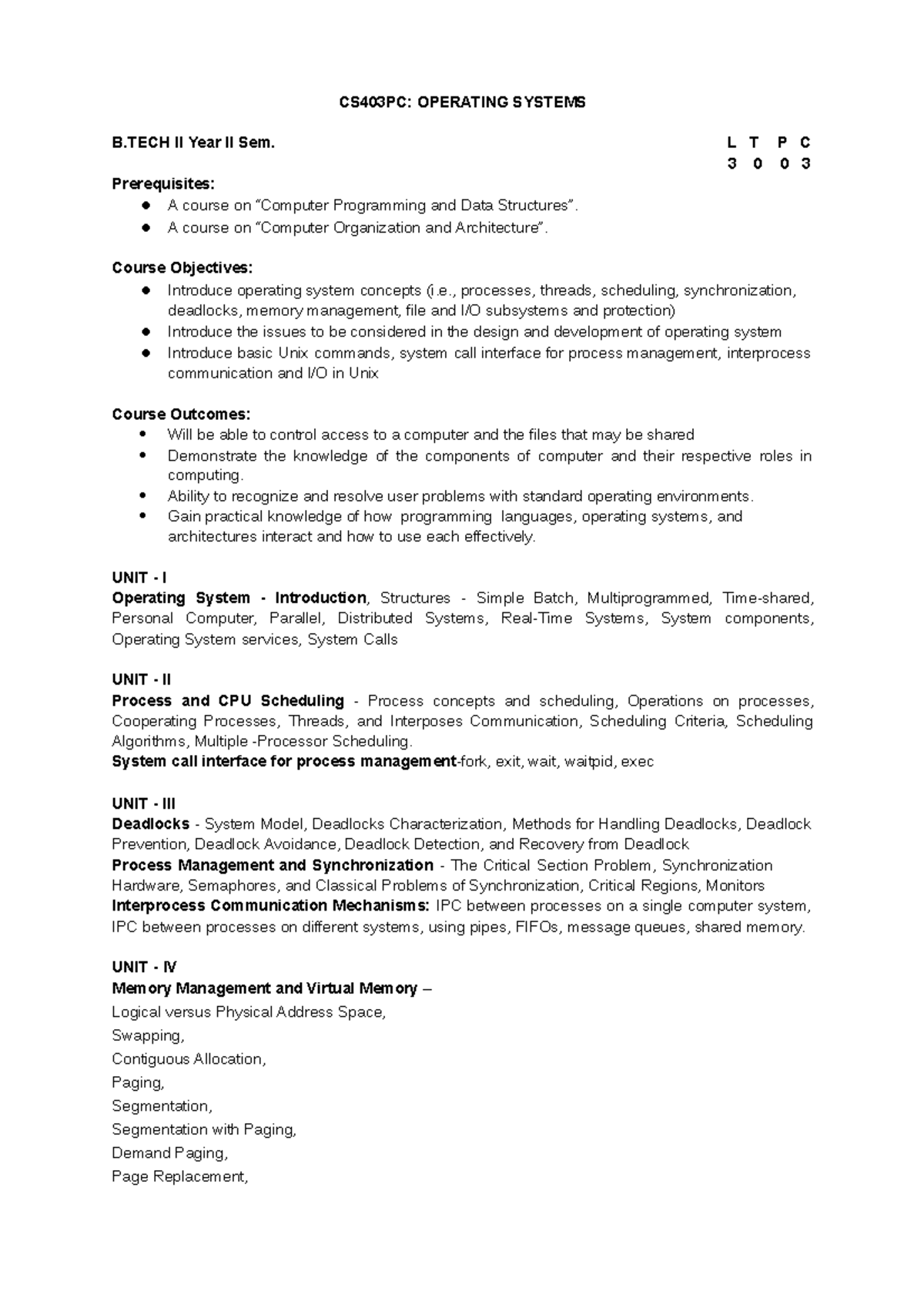 OS-Sysllabus - OS-Sysllabus - CS403PC: OPERATING SYSTEMS B II Year II ...
