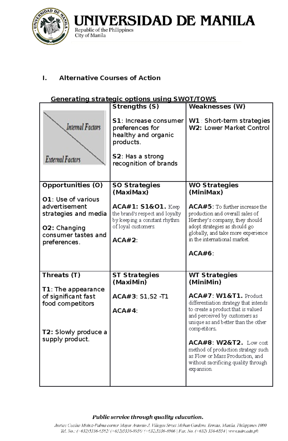 SWOT AND ACA - bnbnbn - I. Alternative Courses of Action Generating ...
