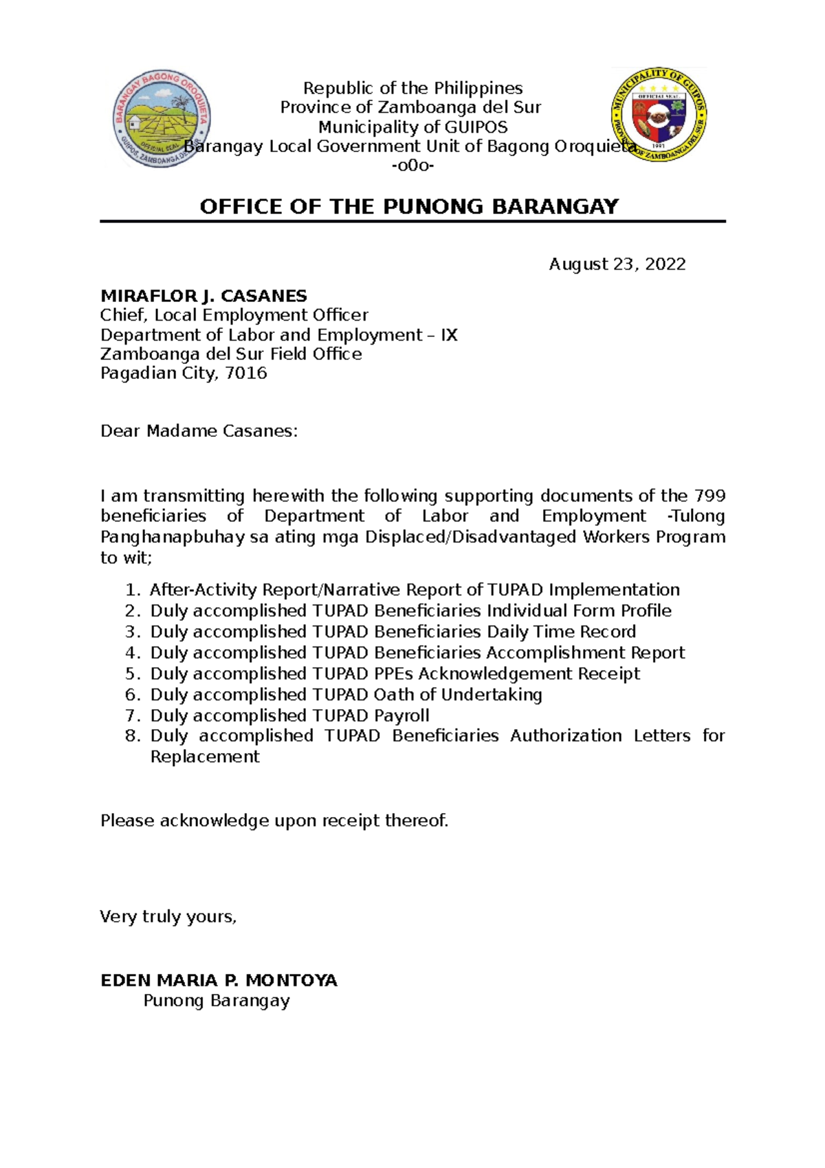 Tupad Transmittal (Auto Recovered) - Republic of the Philippines ...