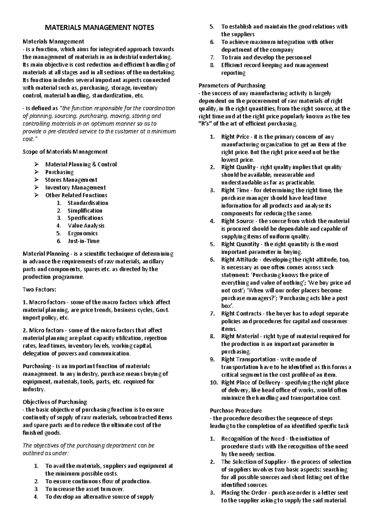 Materials Management Notes - MATERIALS MANAGEMENT NOTES Materials ...