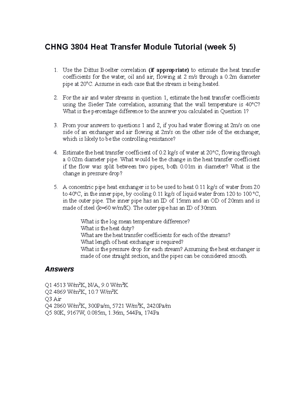 Tutorial 5 Solutions Forced Convection - CHNG 3804 Heat Transfer Module ...