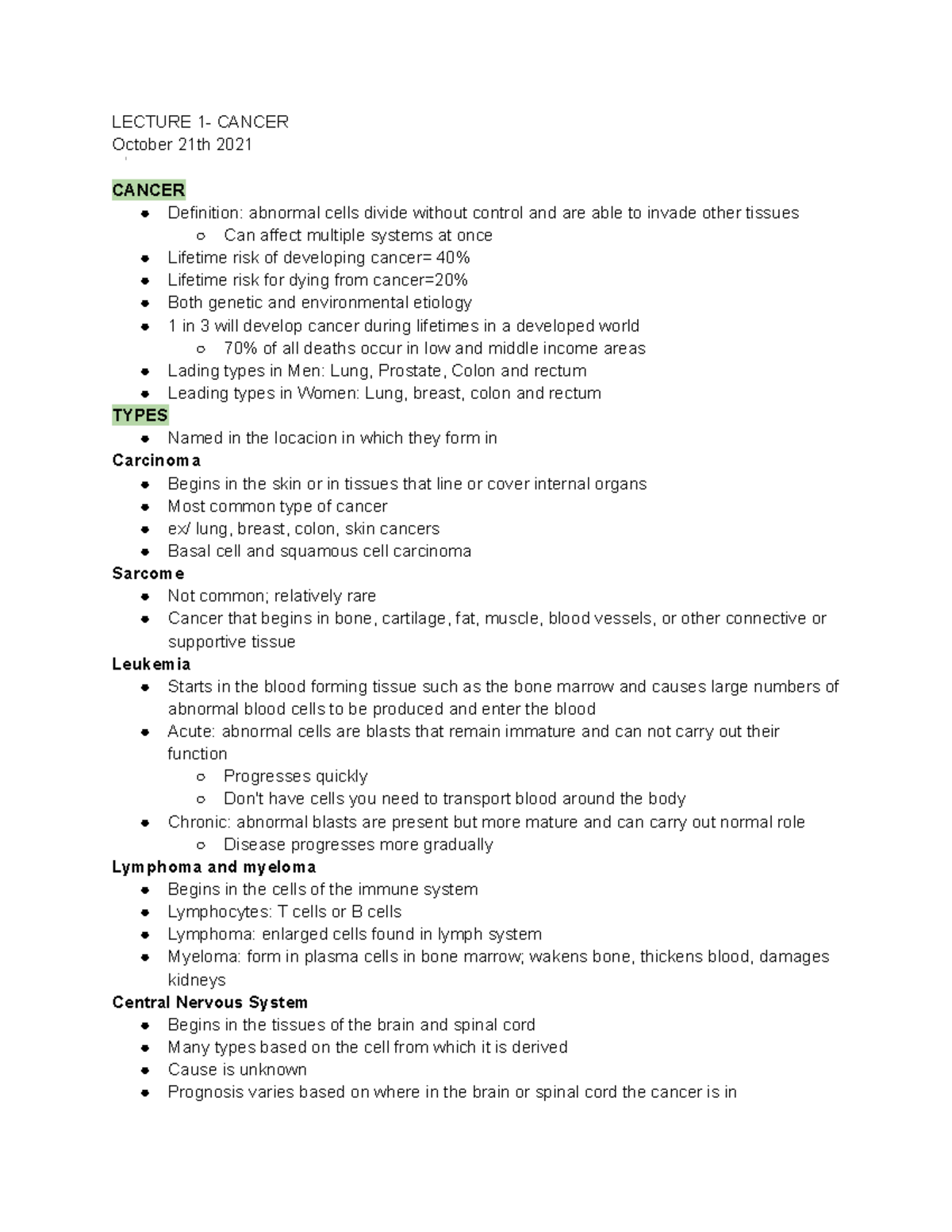 Unit 3-Lecture 1: Cancer - LECTURE 1- CANCER October 21th 2021 CANCER ...