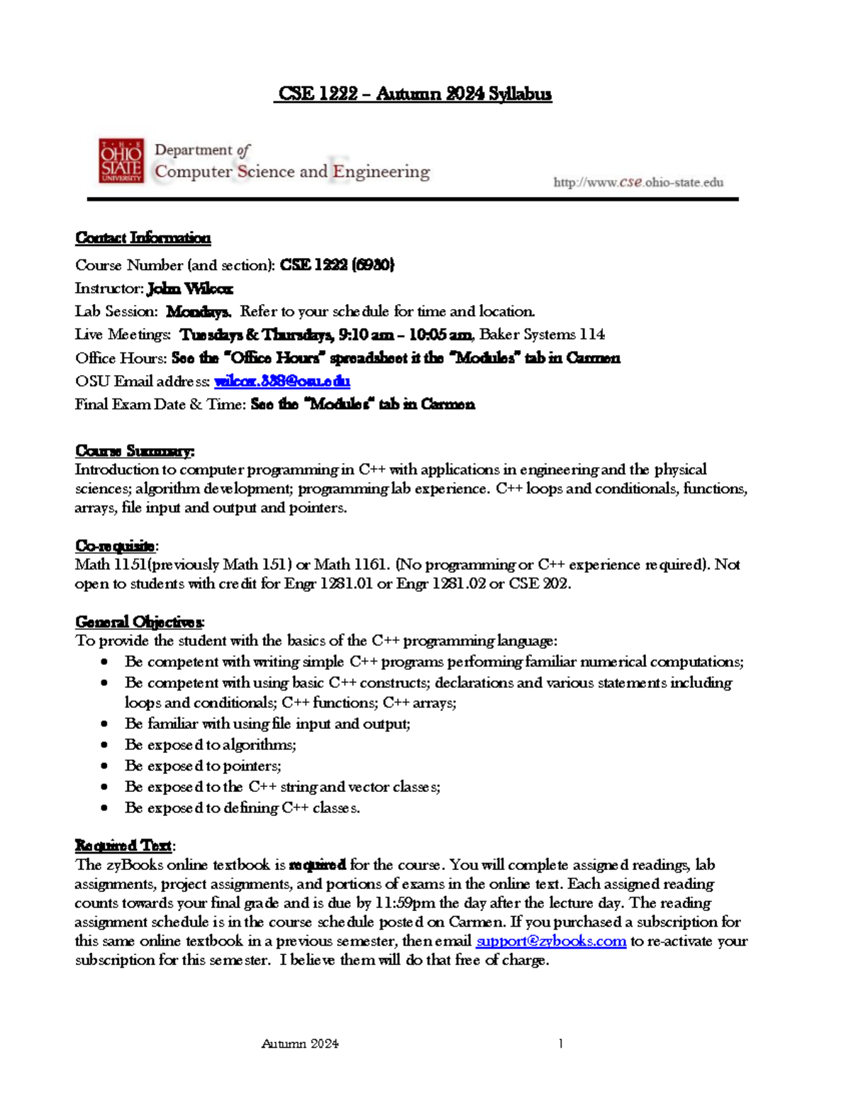 CSE 1222 - Syllabus - CSE 1222 – Autumn 2024 Syllabus Contact Information Course Number (and ...