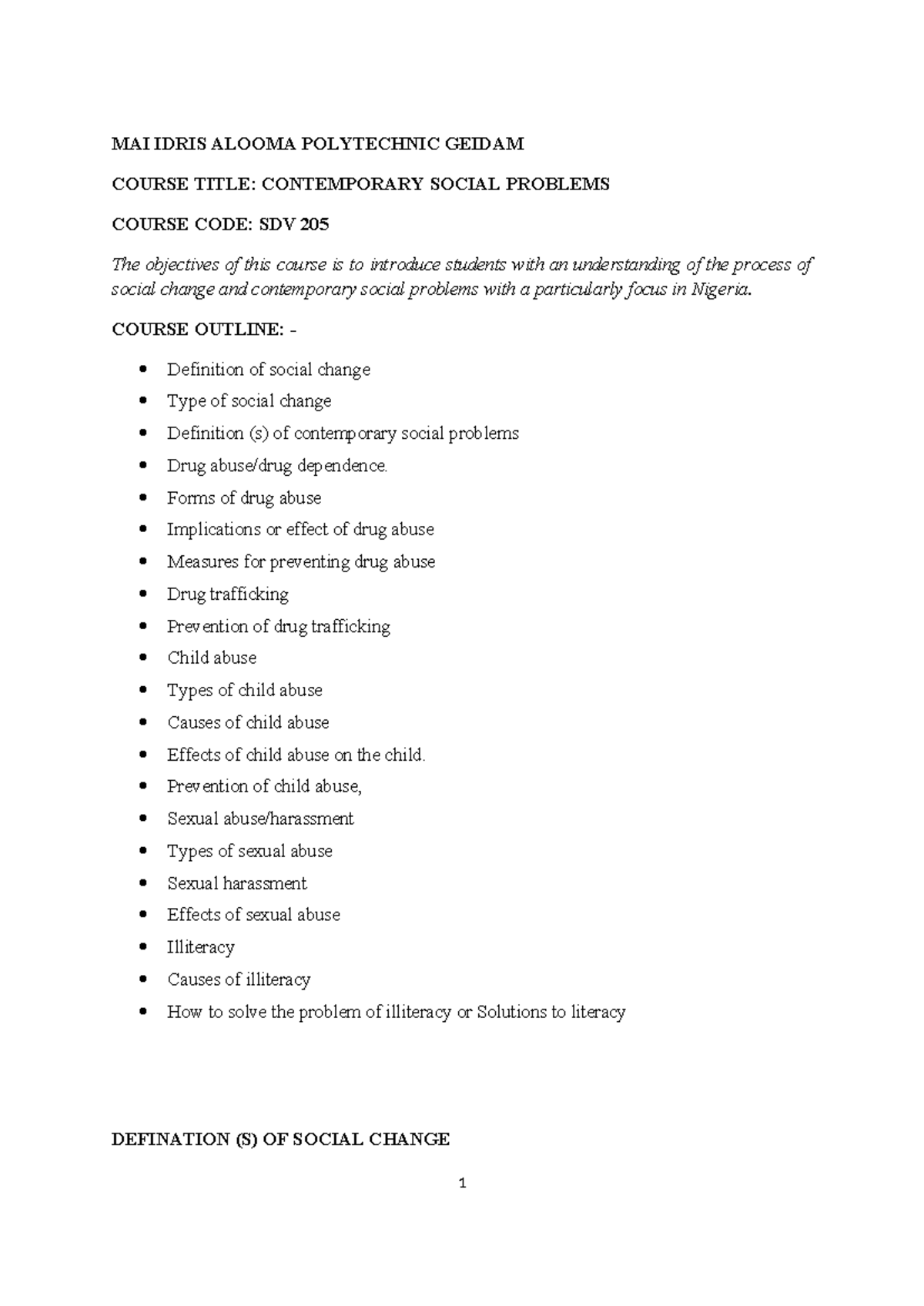 Contemporary Social Problems -SDV 205 - MAI IDRIS ALOOMA POLYTECHNIC ...