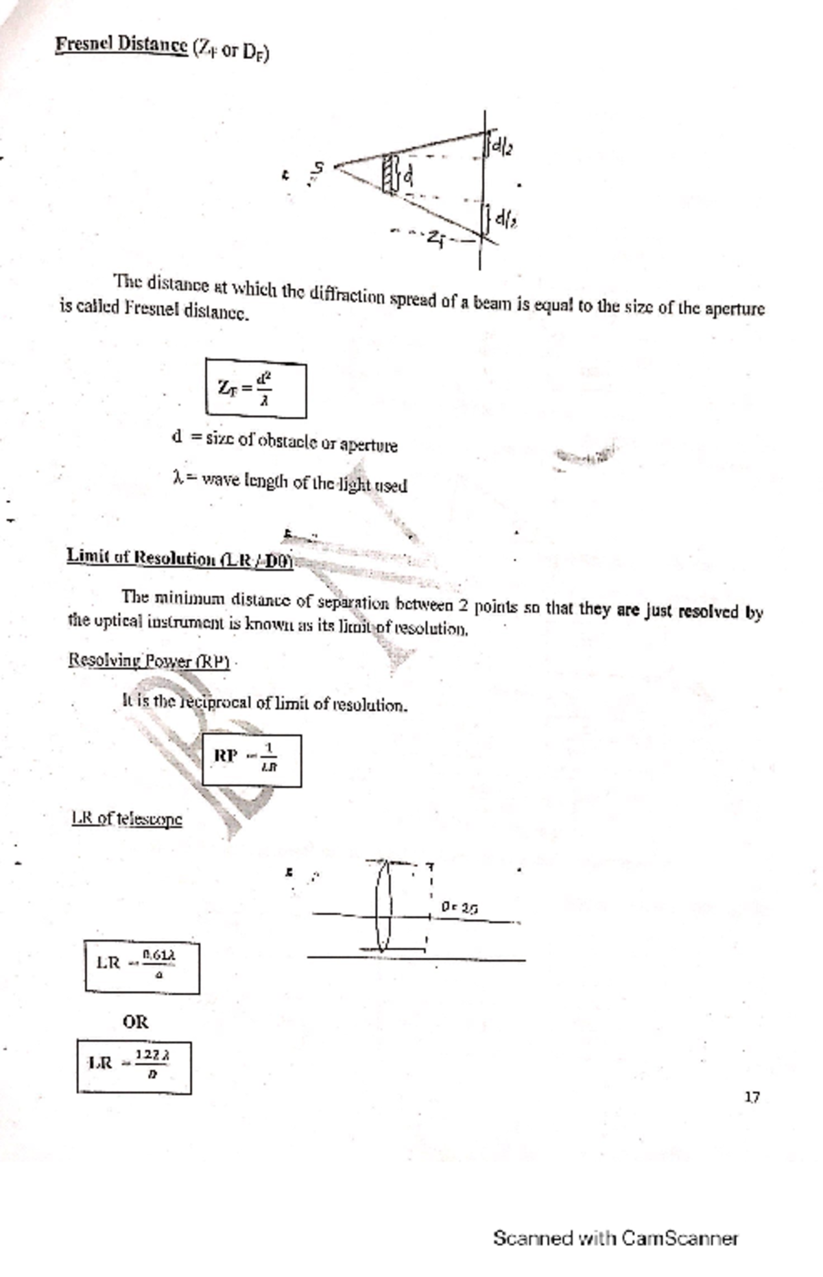 Fresnel distance and limit of resolution - Engineering Physics - Studocu