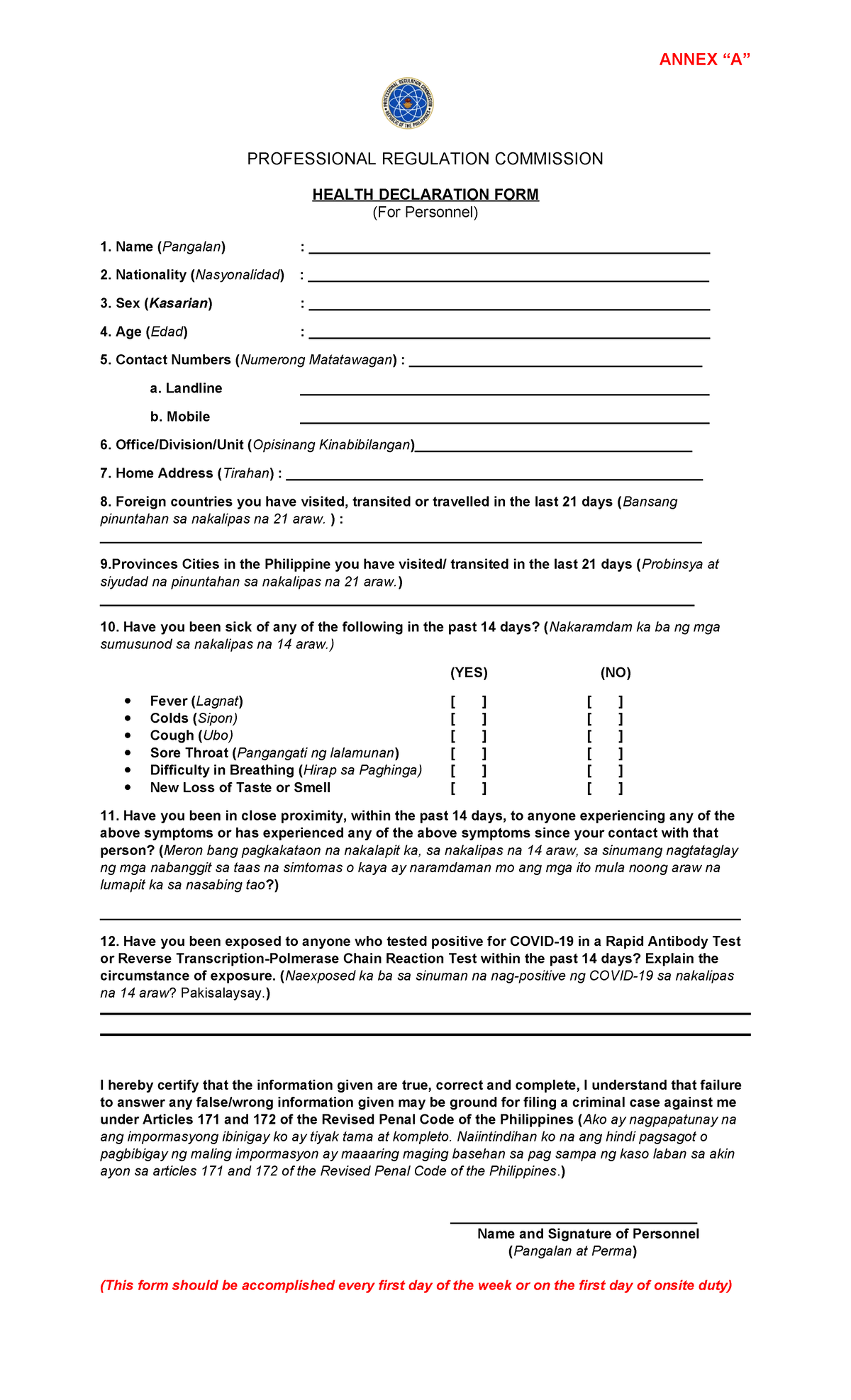 Health Declaration FORM - Annex A - ANNEX “A” PROFESSIONAL REGULATION ...