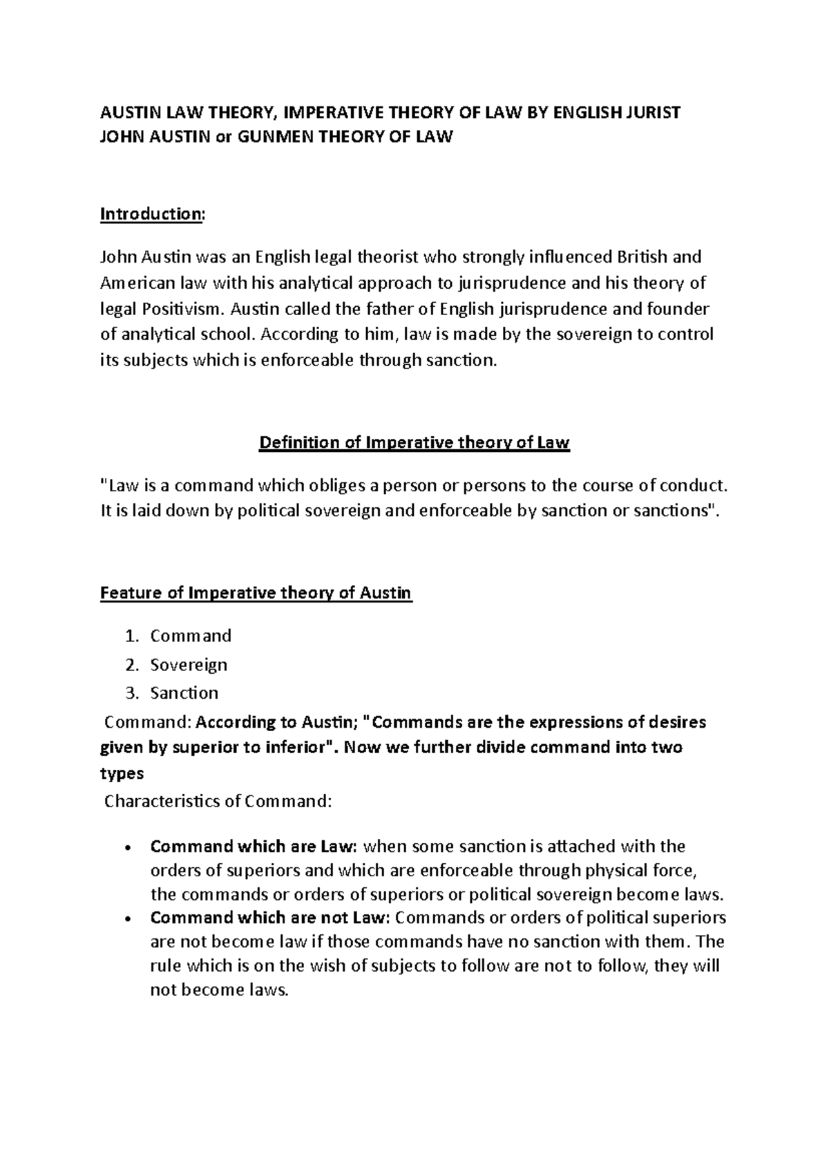 Jurisprudance kslu Notes - AUSTIN LAW THEORY, IMPERATIVE THEORY OF LAW ...