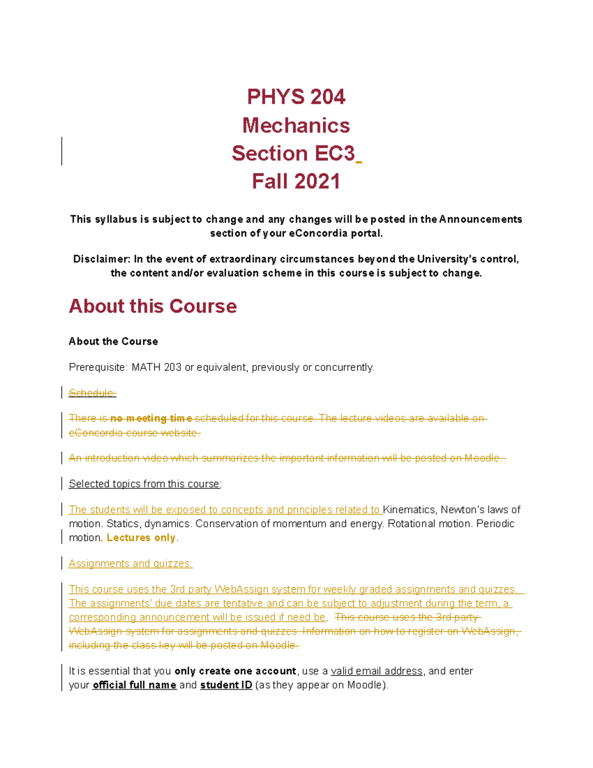 PHYS 204 Fall 2021 EC3 Course Outline and Agenda - PHYS 204 - Concordia ...