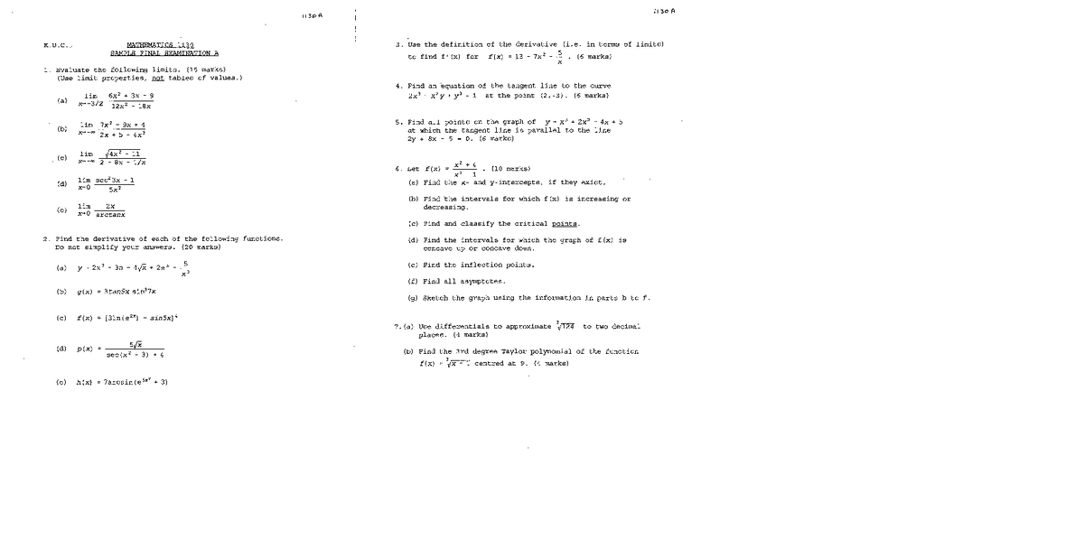 Sample/practice exam 2018, questions and answers - ' (I30 6 H308 E . K.U., ‘ MATHEMATICS 1130 ...