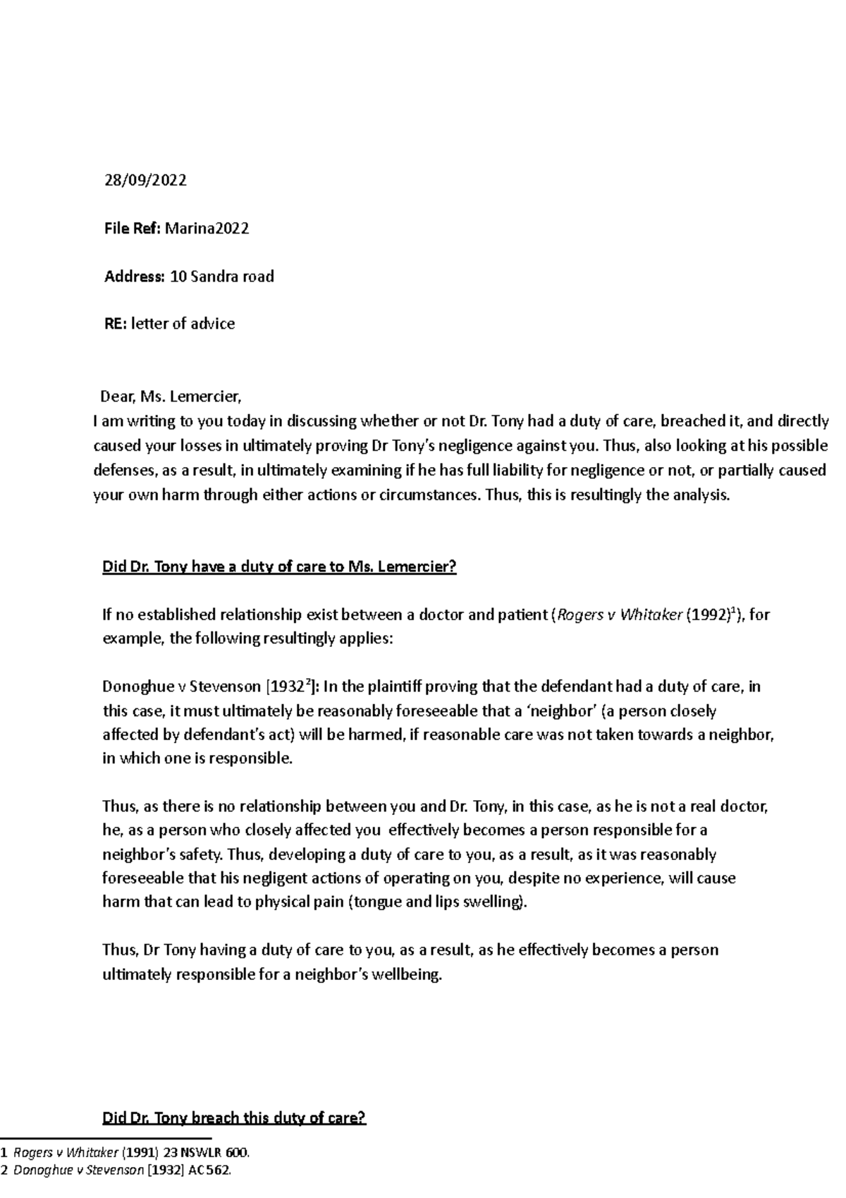 Letter of Advice - Assessment 2 - 28/09/ File Ref: Marina Address: 10 ...