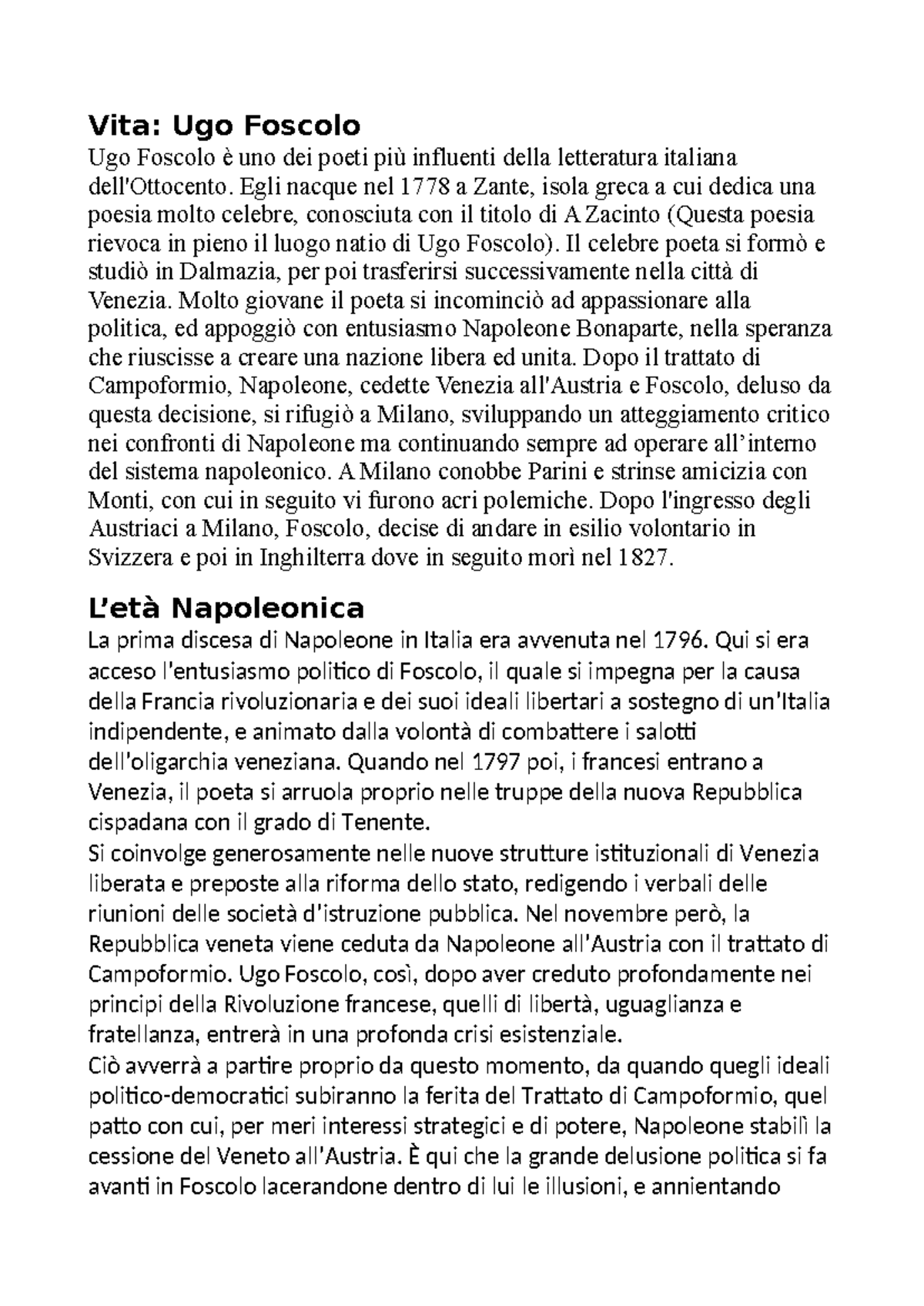 Ugo Foscolo - riassunto spiegazione - Vita: Ugo Foscolo Ugo Foscolo è ...