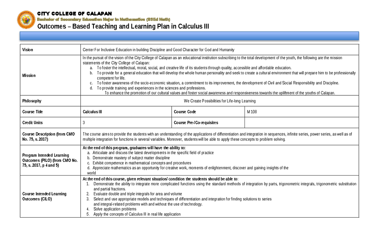 OBTL Calculus 3 Revised 2024 - CITY COLLEGE OF CALAPAN Bachelor of ...