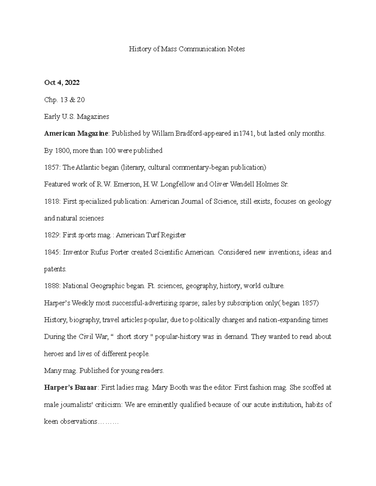 History of Mass Communication Notes - 13 & 20 Early U. Magazines ...