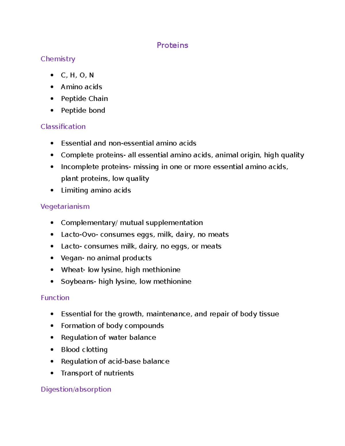 Nutrition Notes- Proteins - Proteins Chemistry C, H, O, N Amino acids ...