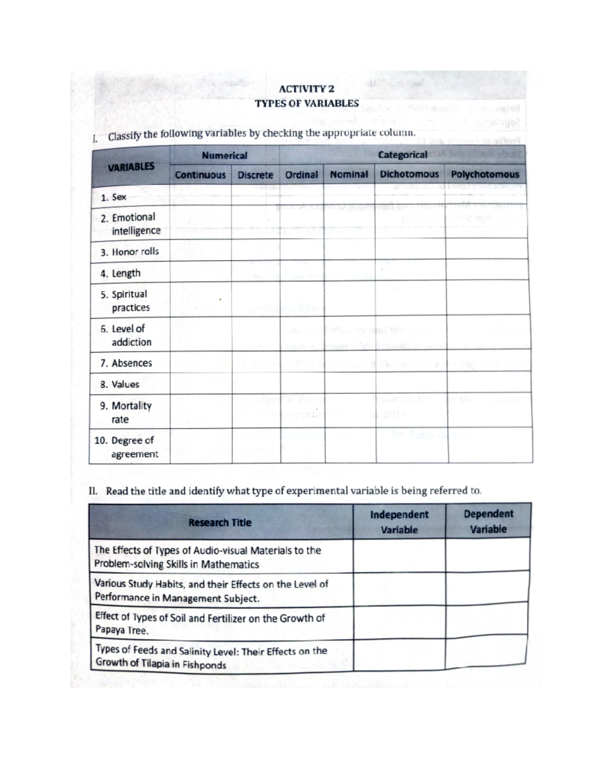 Activity Variables - research variable - Bachelor of Elementary ...