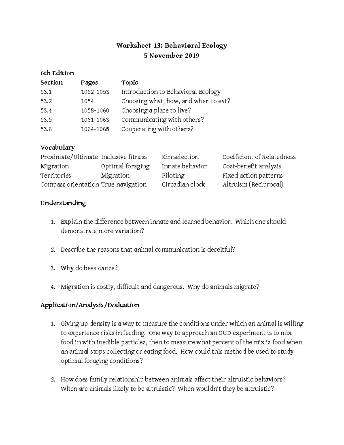 Worksheet 13 - Biology - Worksheet 13: Behavioral Ecology 5 November ...