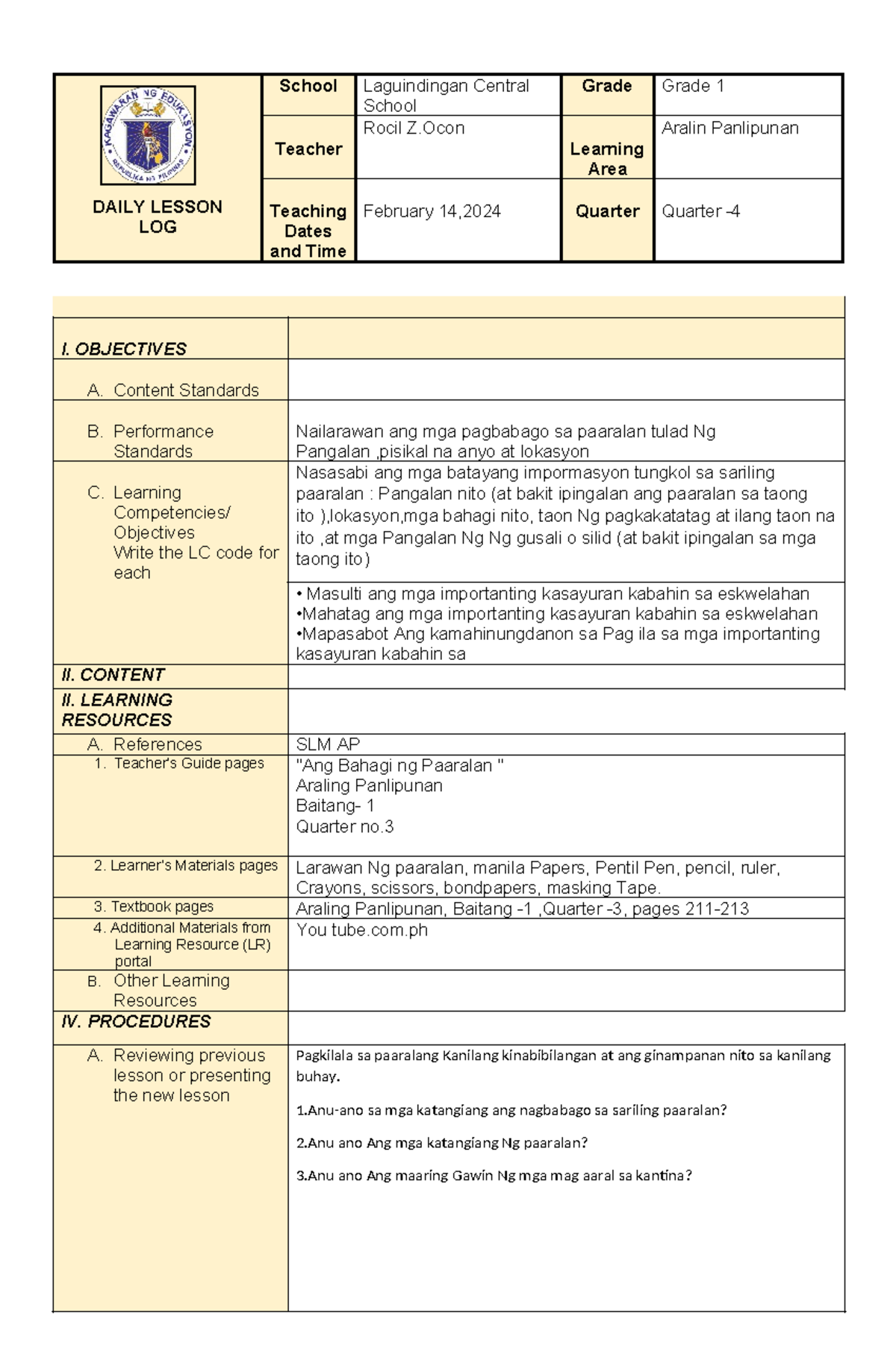 Ap2 - DAILY LESSON LOG School Laguindingan Central School Grade Grade 1 Teacher Rocil Z Learning ...
